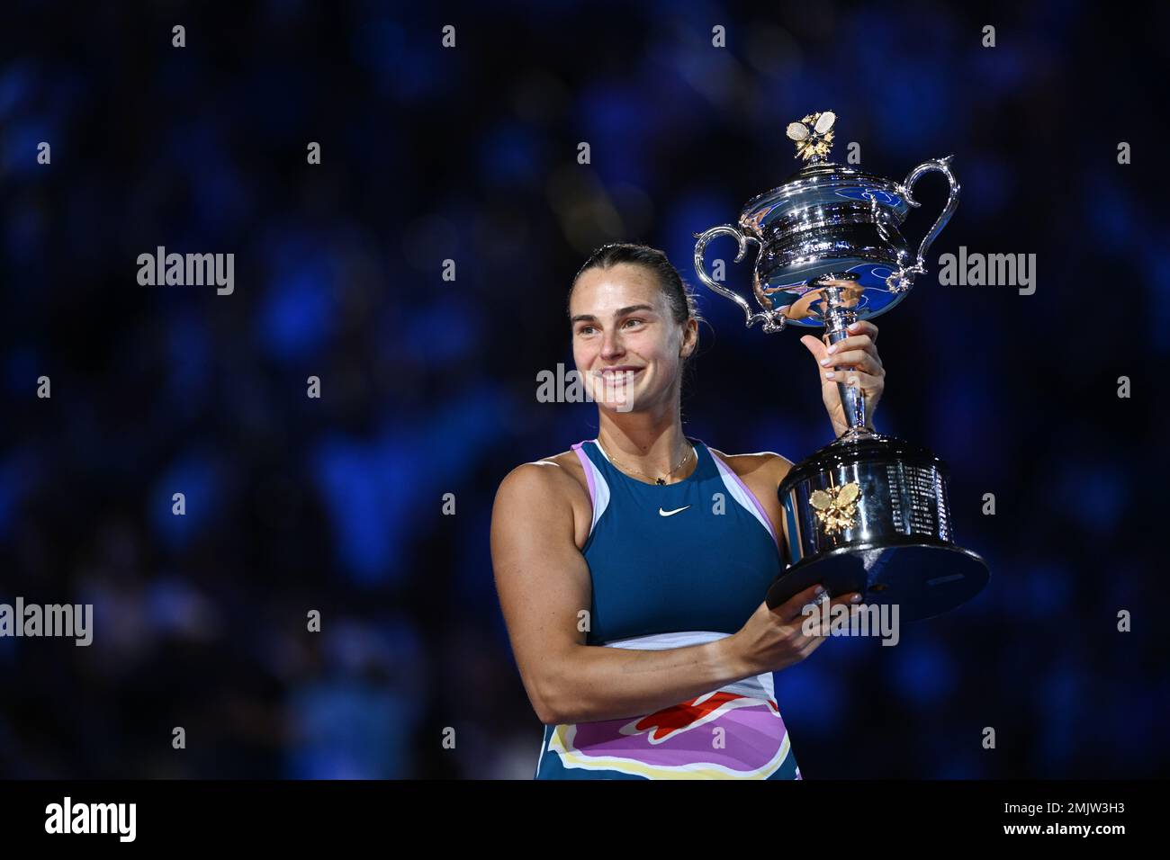 Aryna Sabalenka of Belarus holds the Daphne Akhurst Memorial Cup following her win in the Women ...