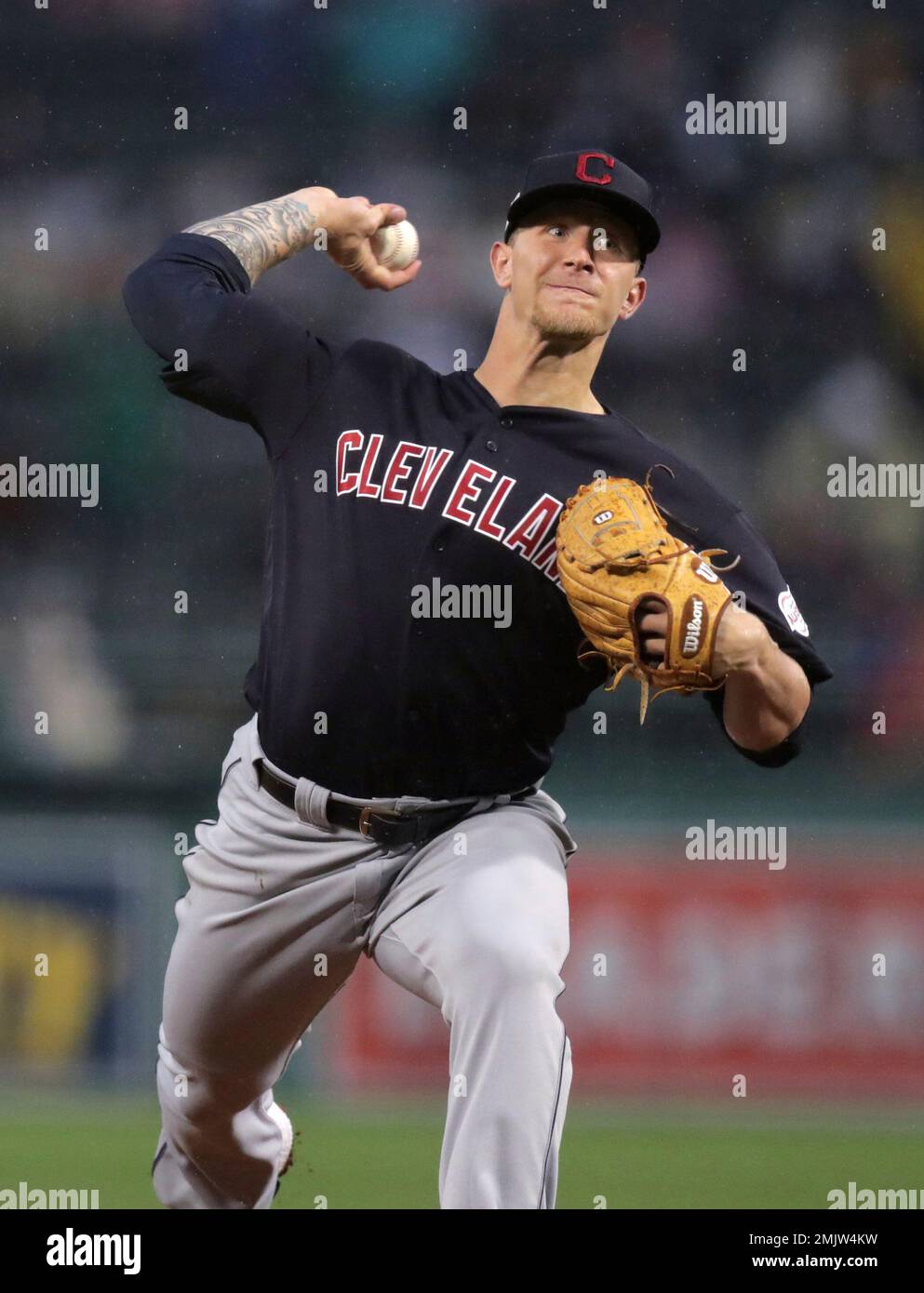 Cleveland Indians starting pitcher Zach Plesac delivers during the first inning of a baseball ...