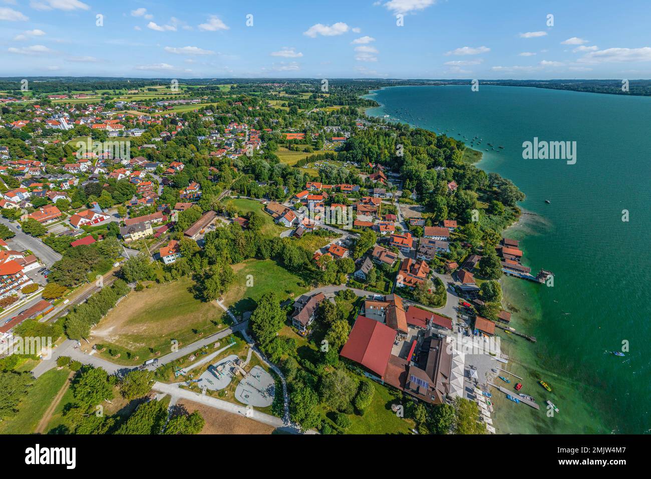 Aerial view to the idyllic bavarian region around Utting on Ammersee in ...
