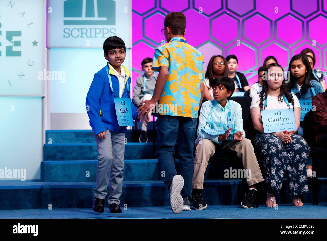 Akash Vukoti, 9, of San Angelo, Texas, walks to the microphone past ...