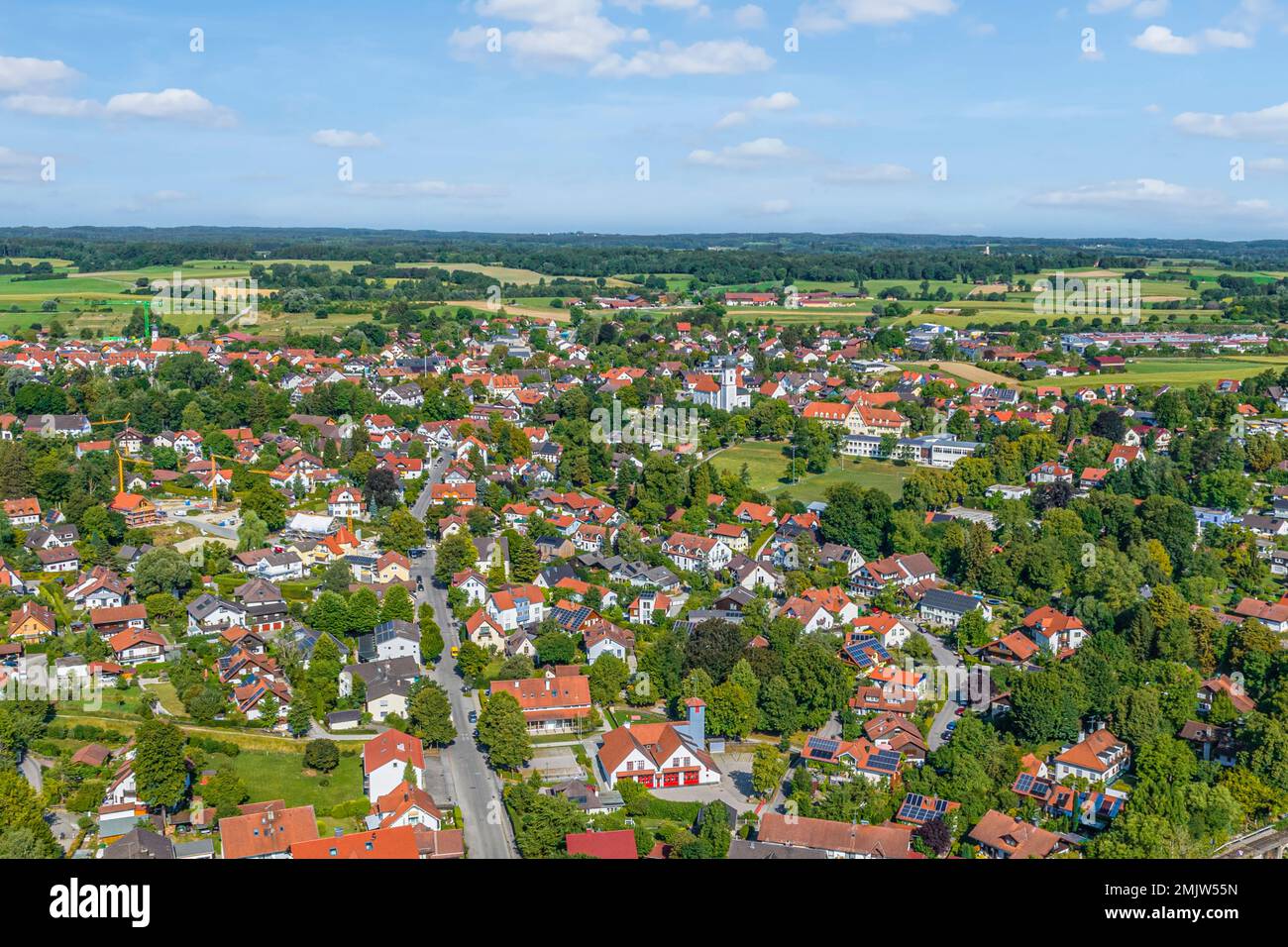 Aerial view to the idyllic bavarian region around Utting on Ammersee in ...
