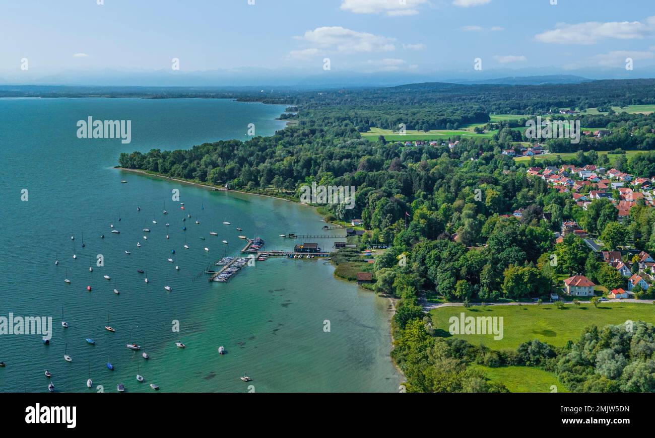 Aerial view to the idyllic bavarian region around Utting on Ammersee in ...
