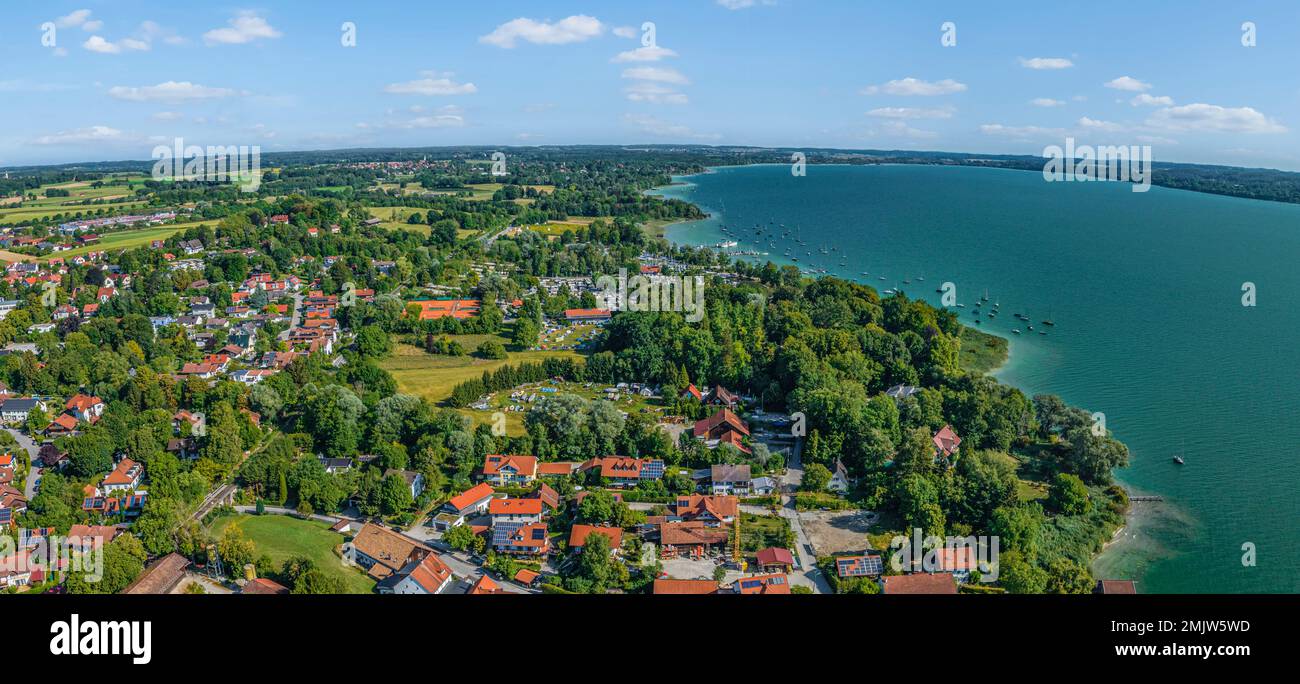 Aerial view to the idyllic bavarian region around Utting on Ammersee in ...