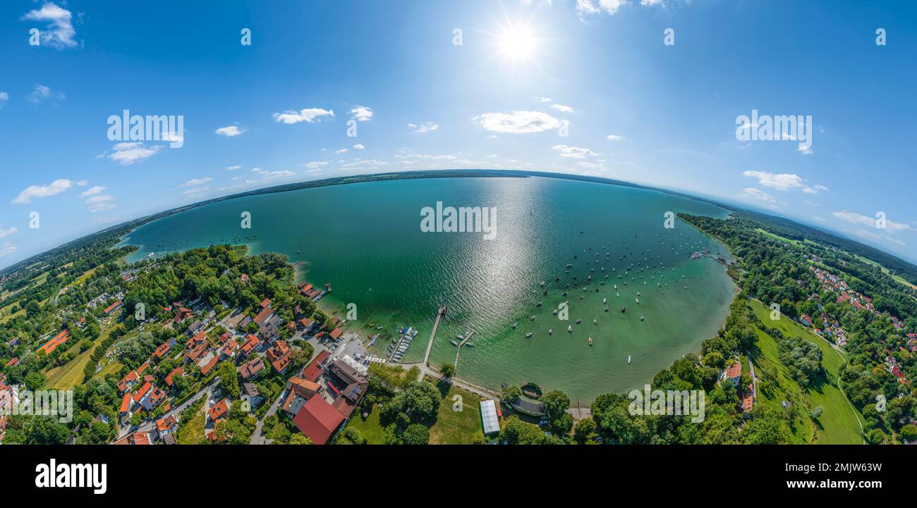 Aerial view to the idyllic bavarian region around Utting on Ammersee in ...