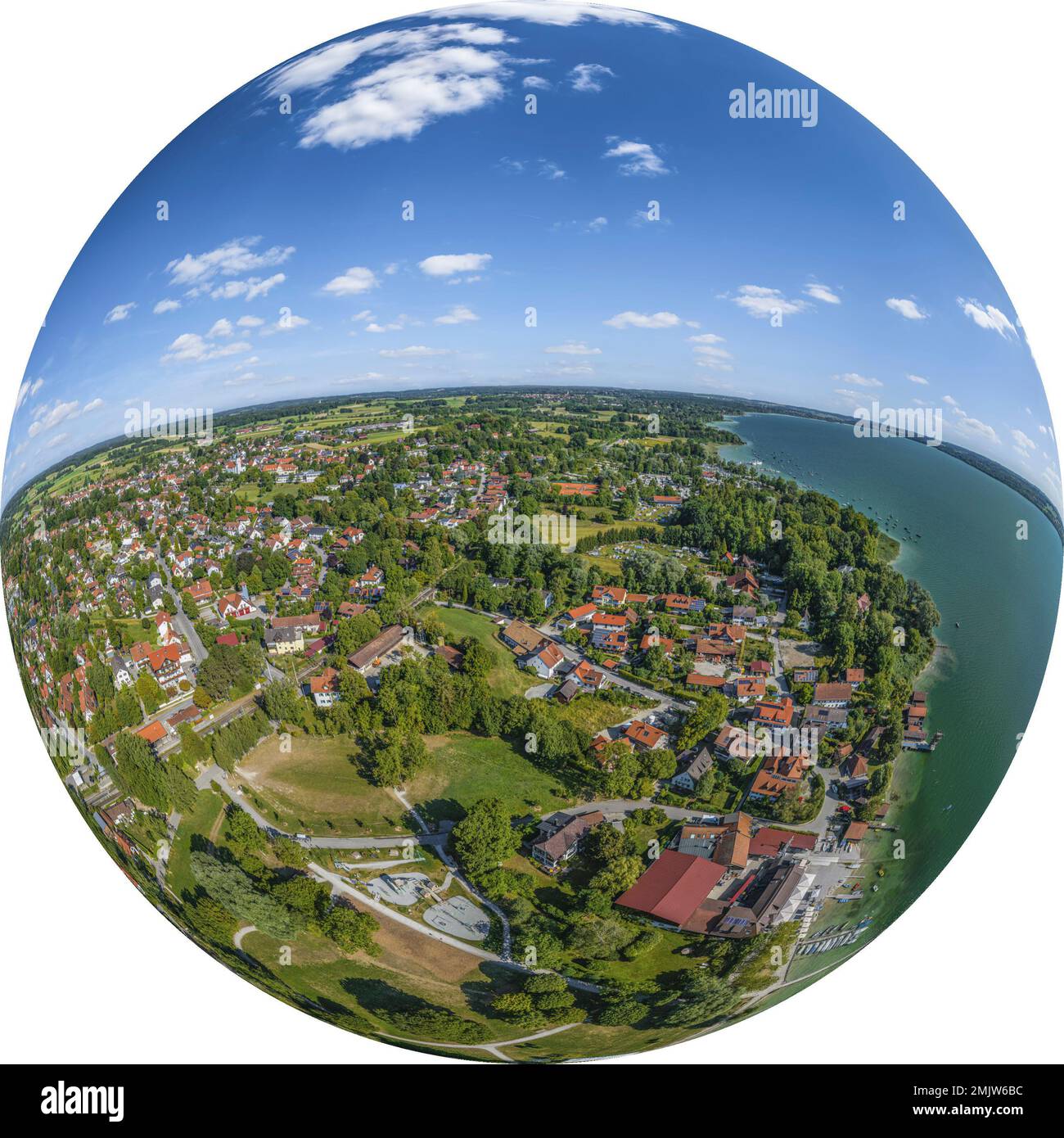 Aerial view to the idyllic bavarian region around Utting on Ammersee in ...