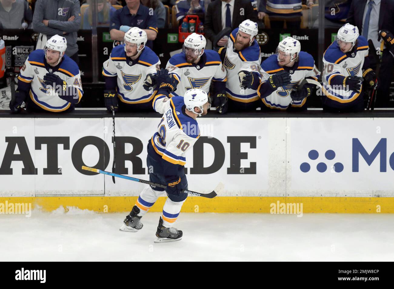 St. Louis Blues' Brayden Schenn (10) celebrates his goal against the ...