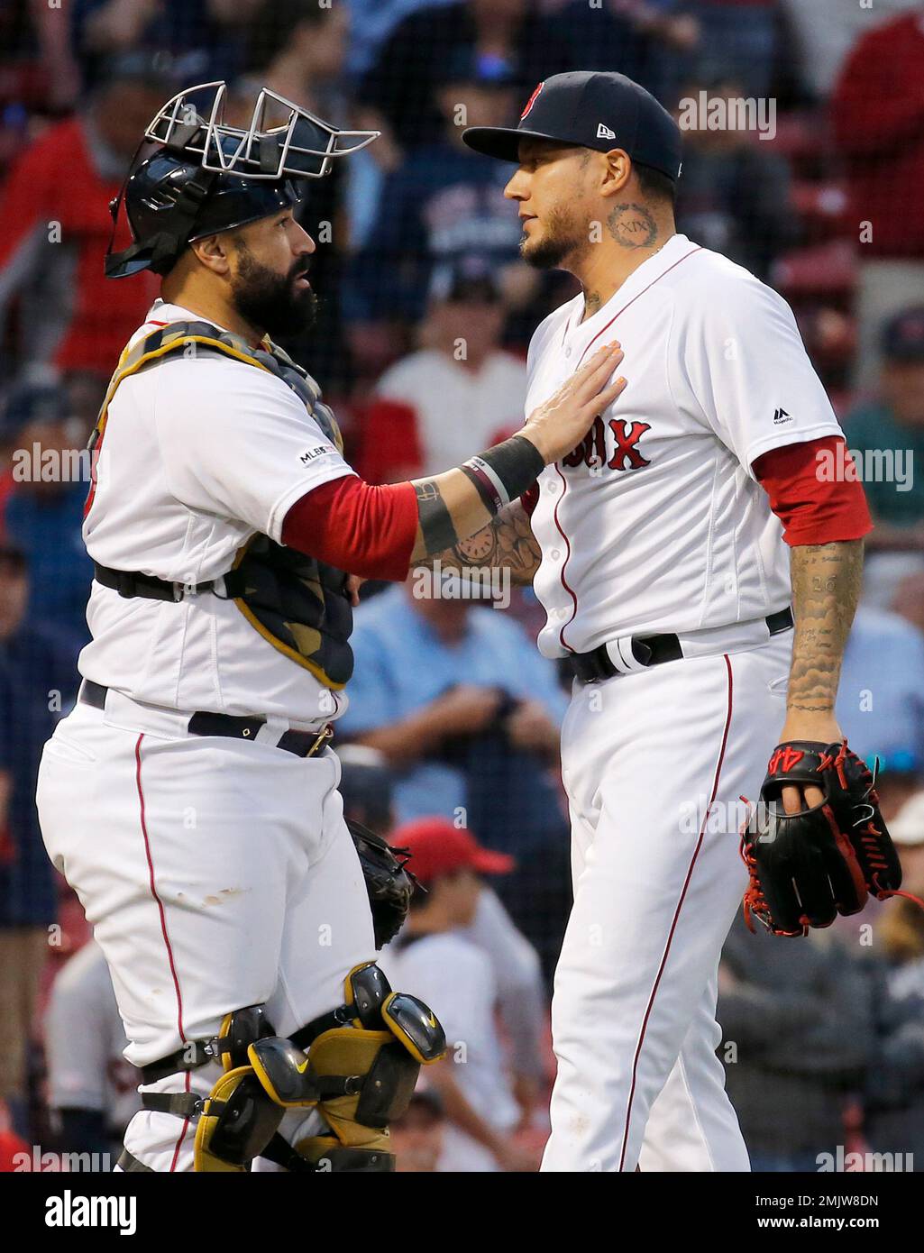 Boston Red Sox catcher Sandy Leon, left, congratulates pitcher Hector ...