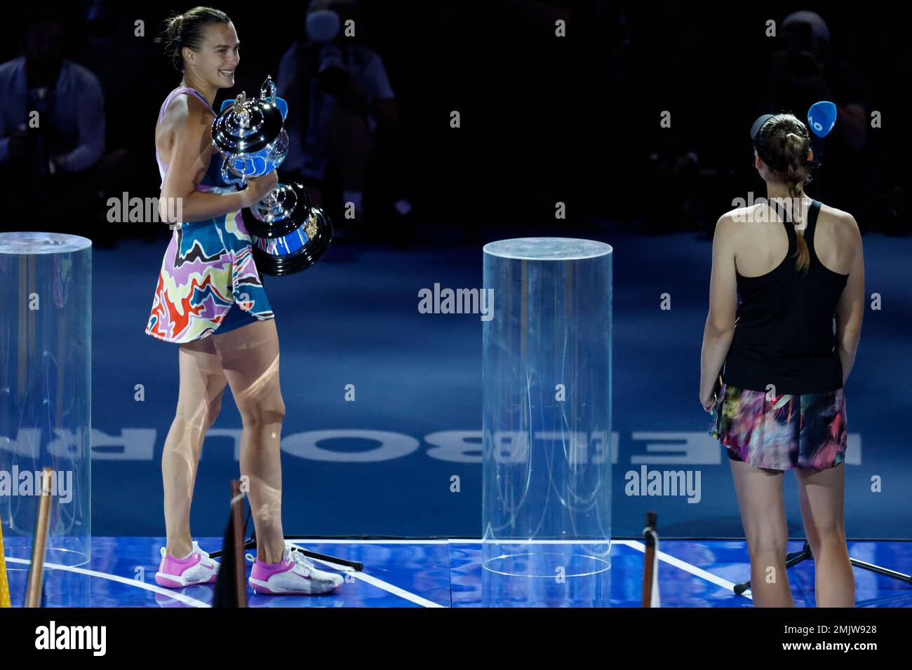 Aryna Sabalenka of Belarus, left, holds the Daphne Akhurst Memorial ...