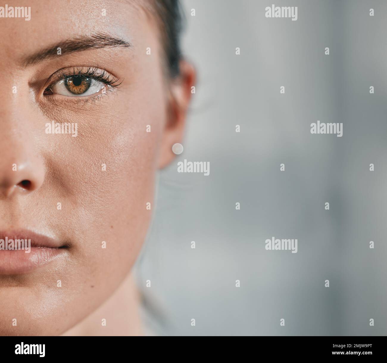 Fitness, face portrait and woman focus on exercise workout, wellness ...