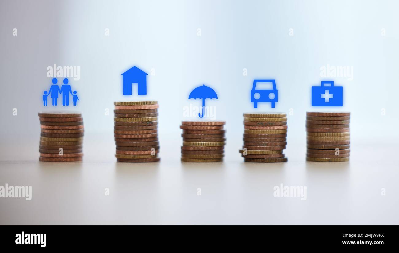 Coin stack, saving and 3d sign for insurance, financial security and ...