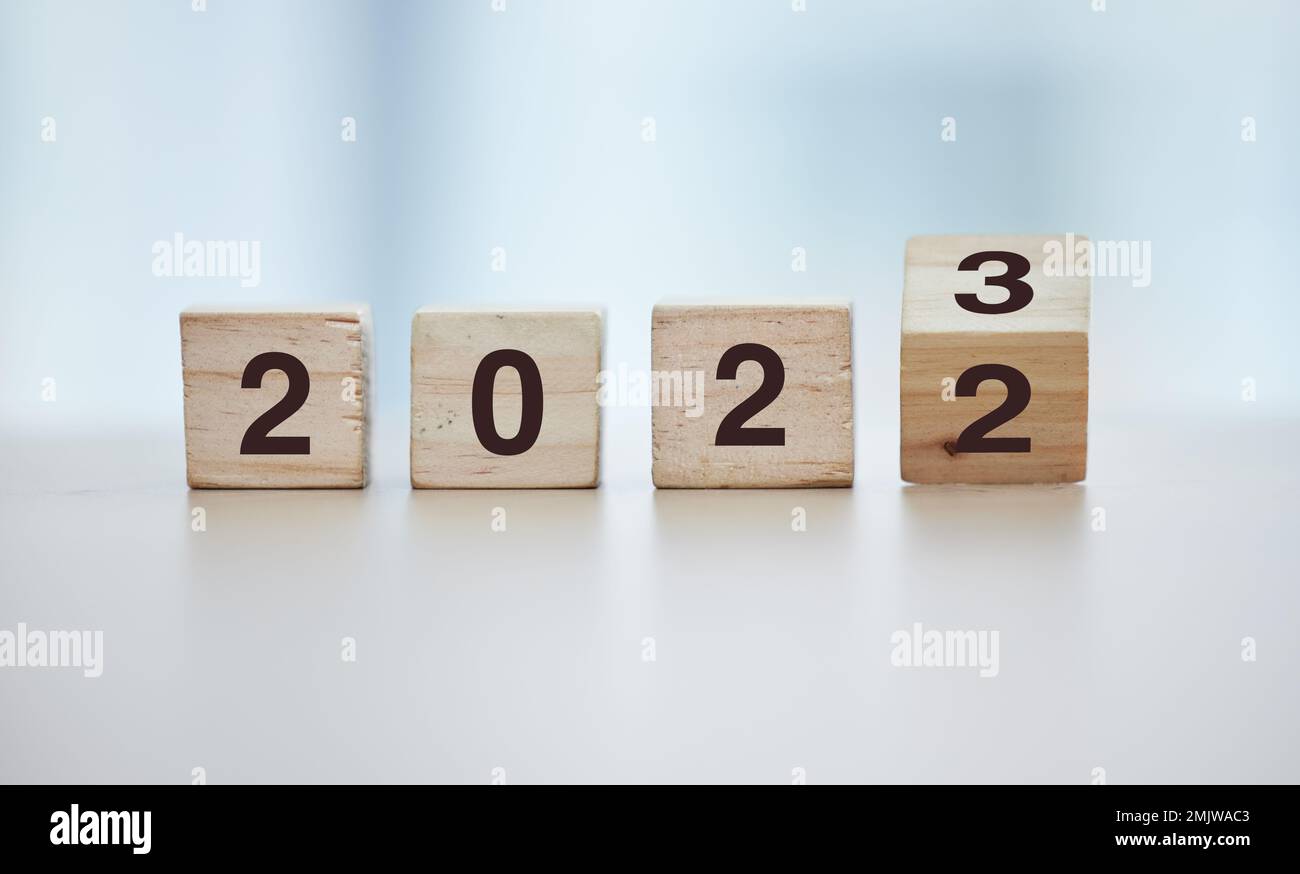 Calendar, 2023 countdown and wooden blocks on empty table in grey ...