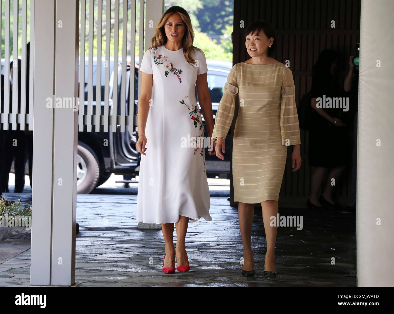 First lady Melania Trump, left and Akie Abe, wife of Japanese Prime ...