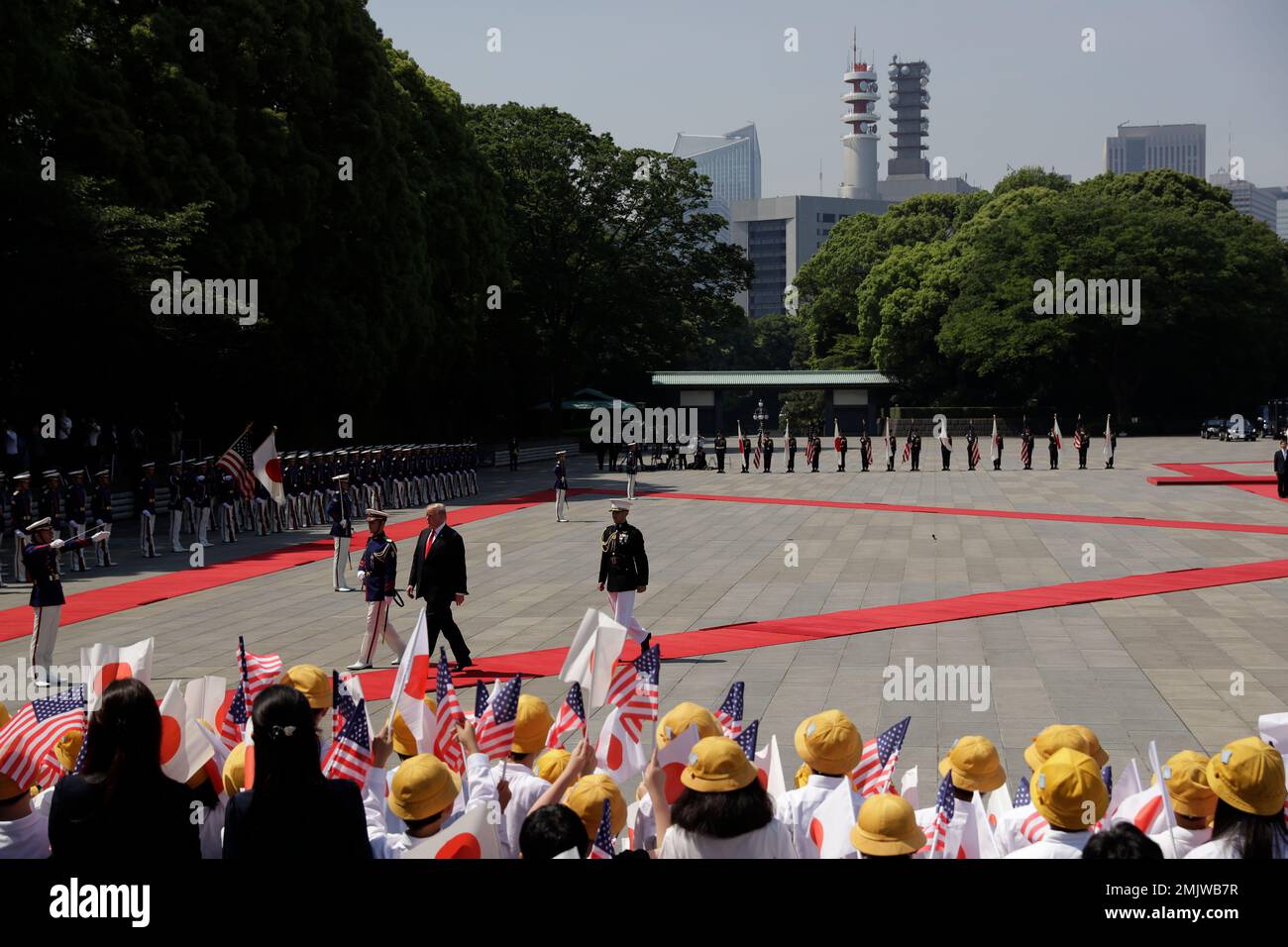 President Donald Trump walks during a welcome ceremony with Japanese ...
