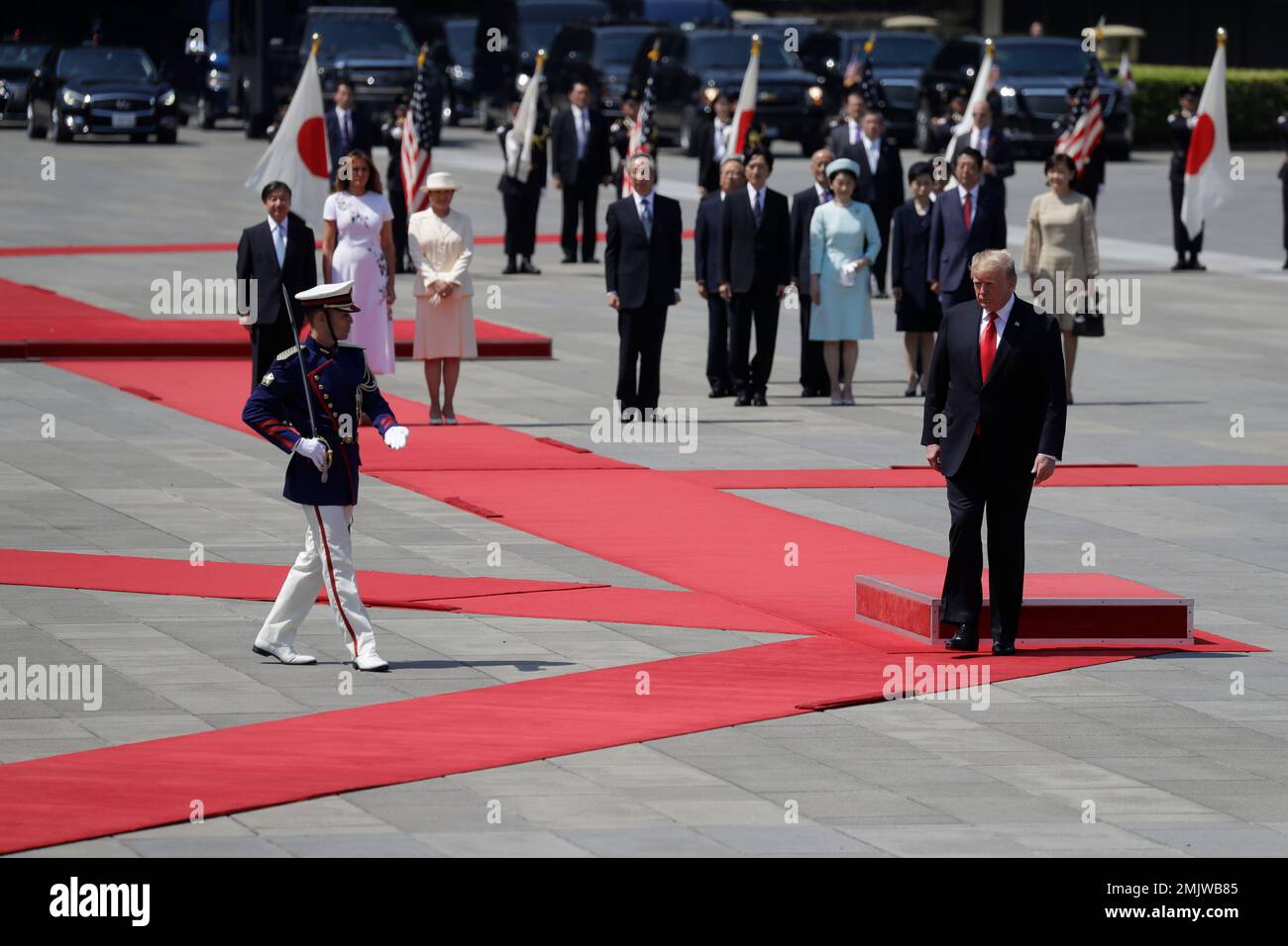 President Donald Trump walks during a welcome ceremony with Japanese ...