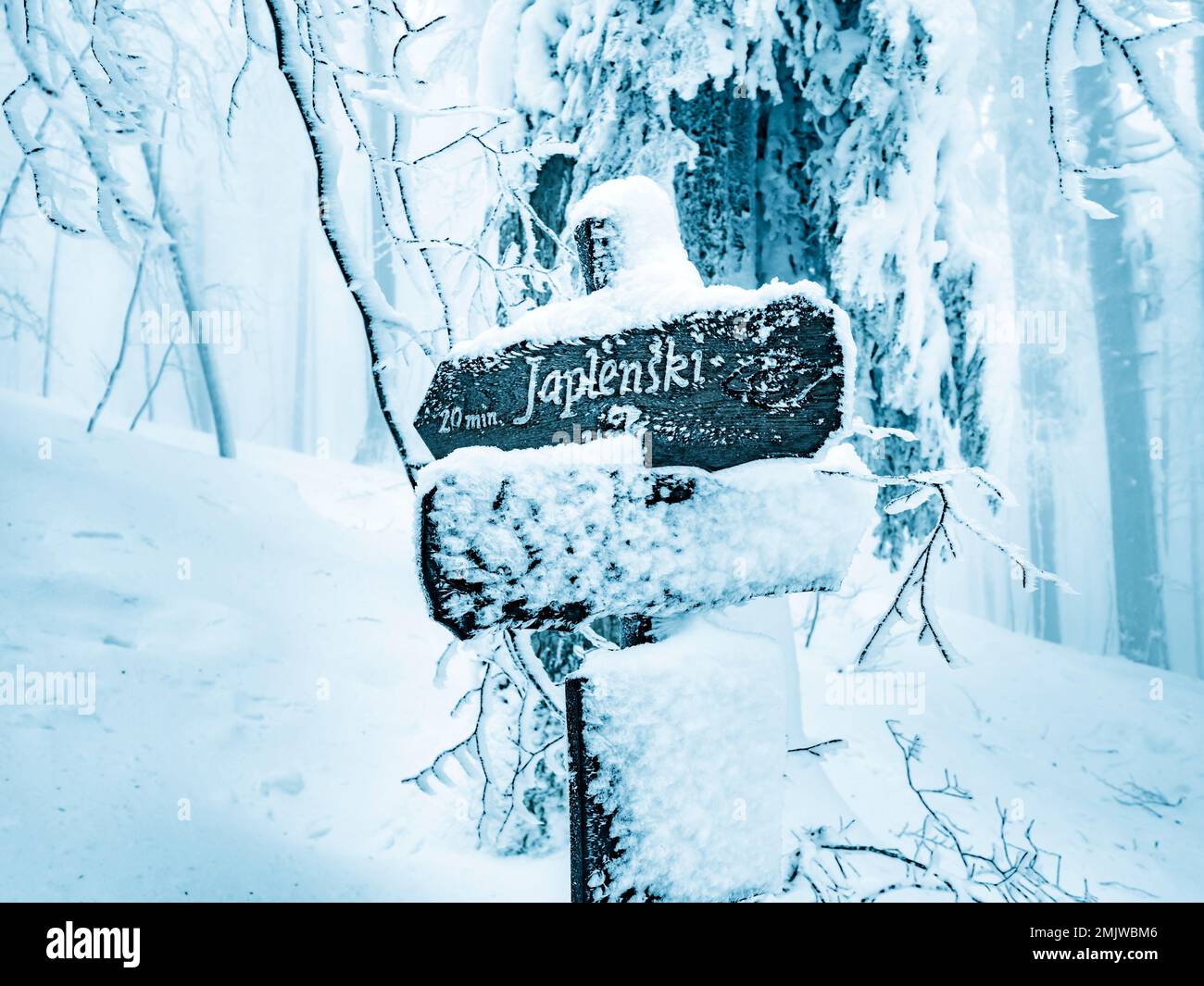Winter snowy peace of mind Japlenski vrh wooden sign Delnice in Croatia ...