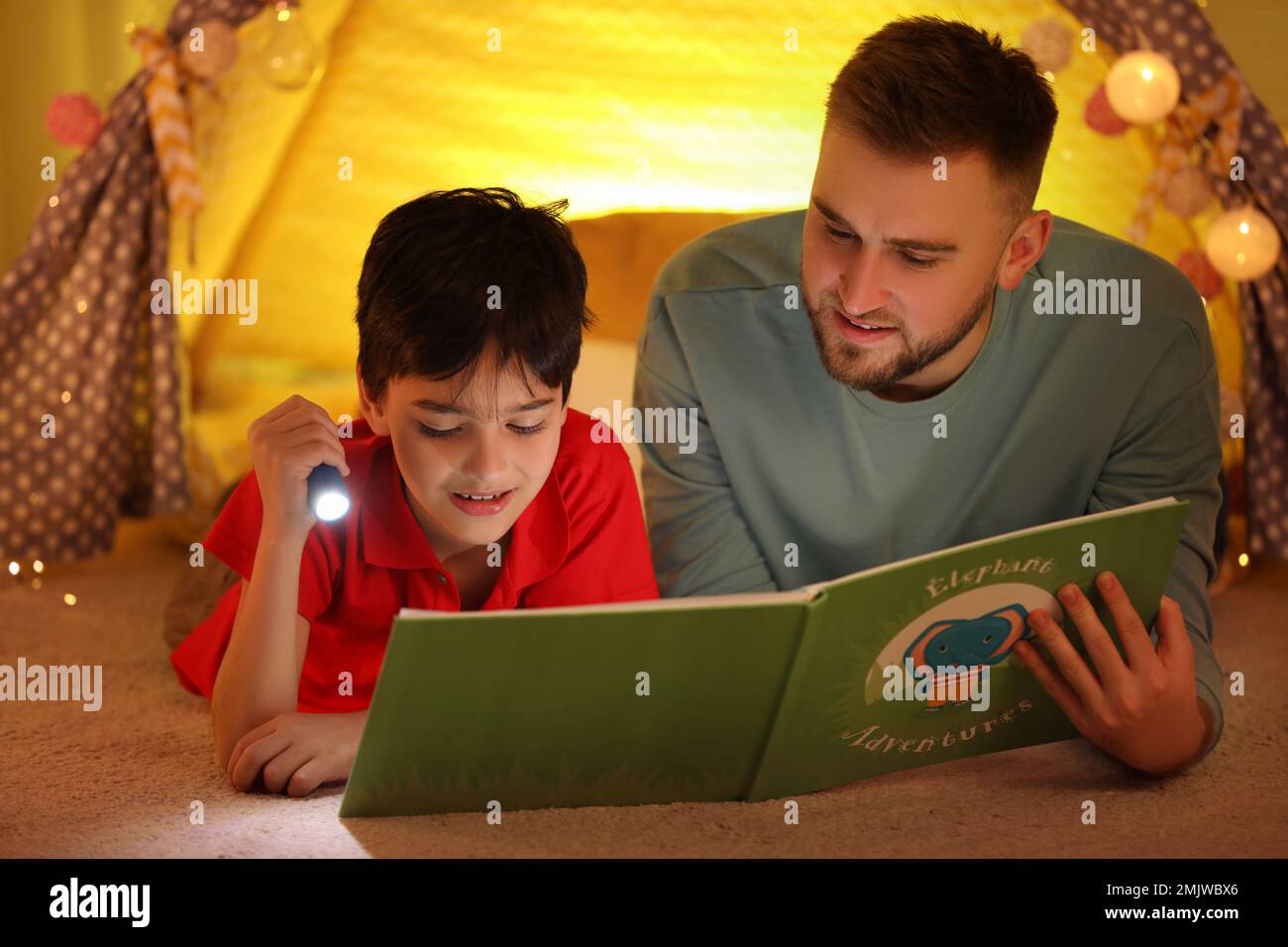 Father and son with flashlight reading book at home Stock Photo - Alamy