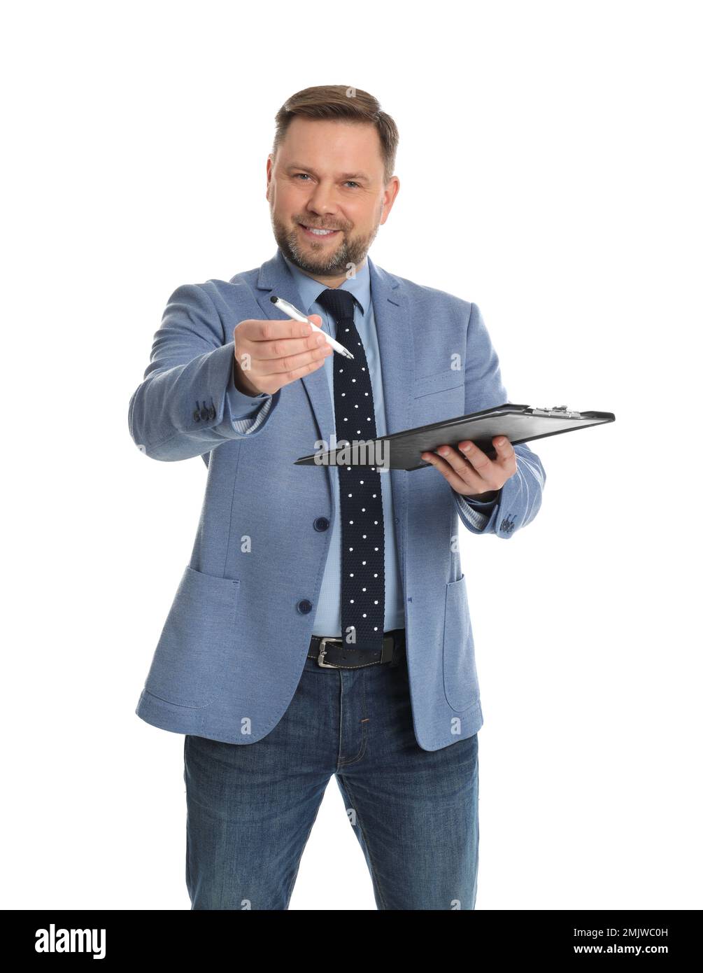 Real estate agent with documents for signing on white background Stock ...