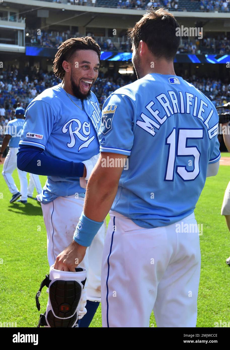 Kansas City Royals' Billy Hamilton, left, and Whit Merrifield celebrate ...