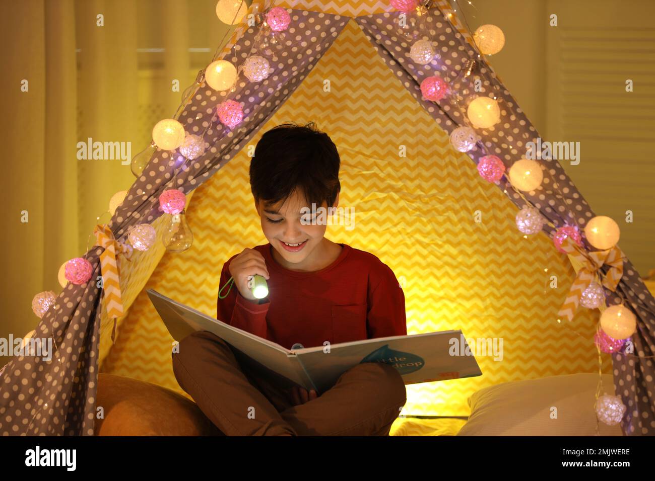 Kid reading a book with flashlight hi-res stock photography and images ...