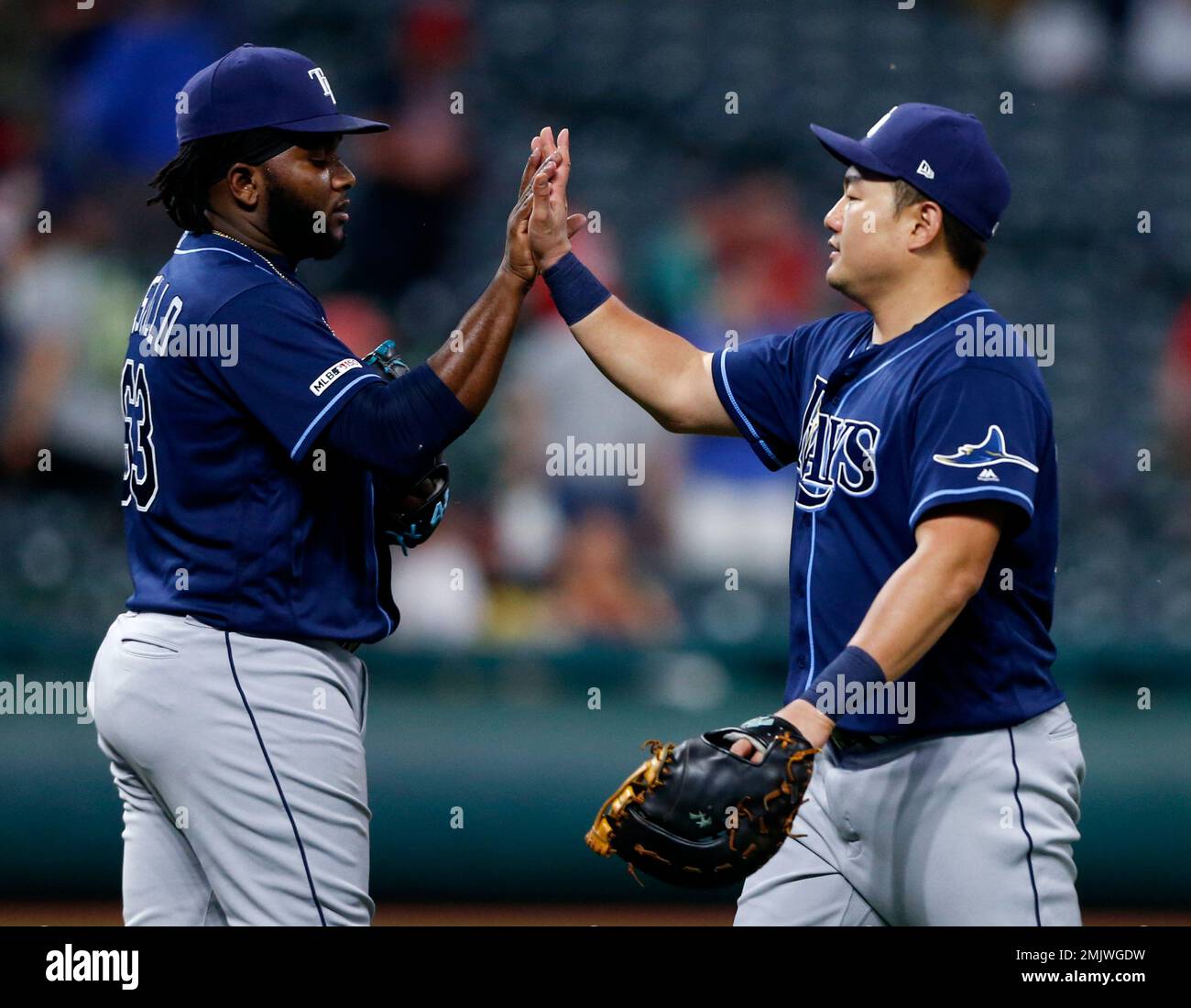 Tampa Bay Rays relief pitcher Diego Castillo (63) and Ji-Man Choi ...