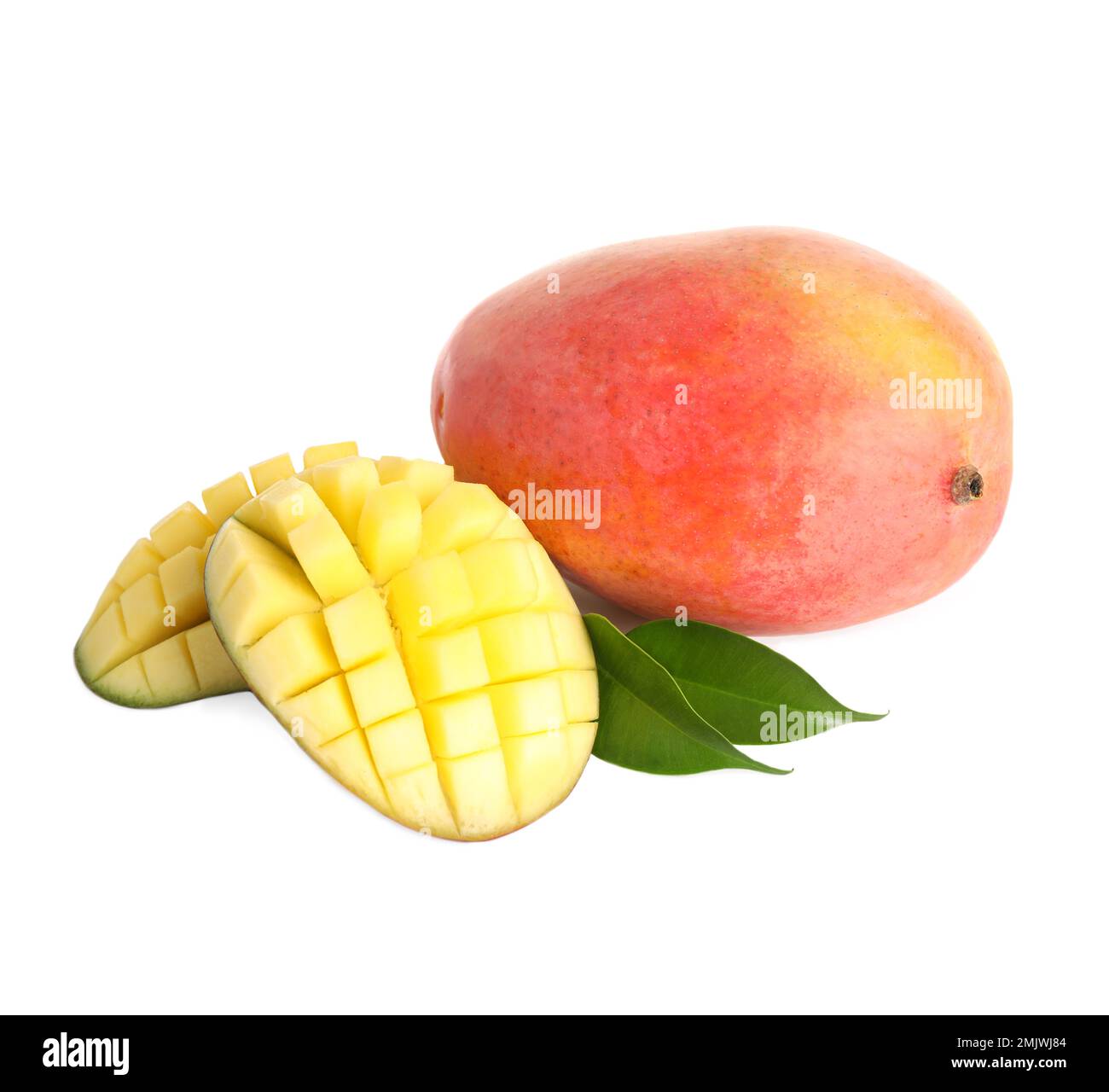 Whole and cut juicy mangoes isolated on white Stock Photo - Alamy