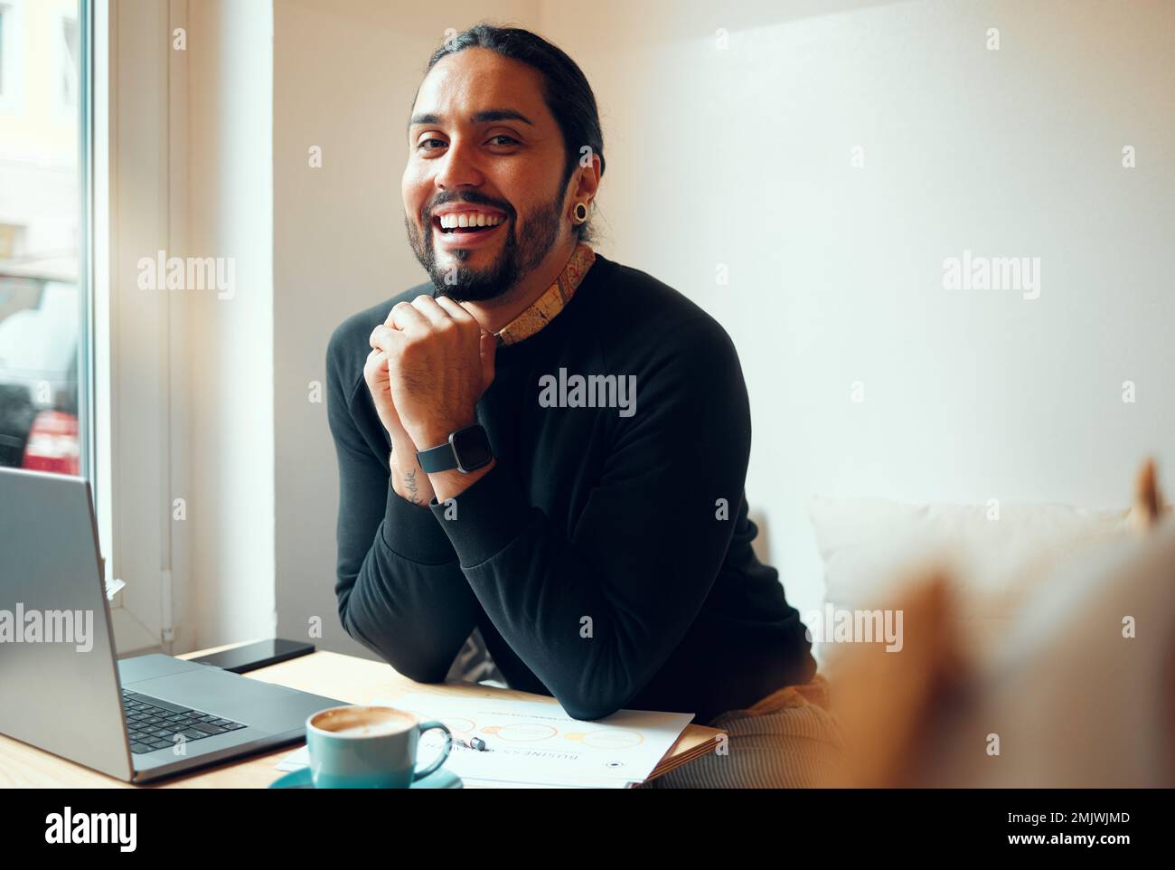 Happy, paperwork and portrait of man with a laptop for entrepreneurship ...