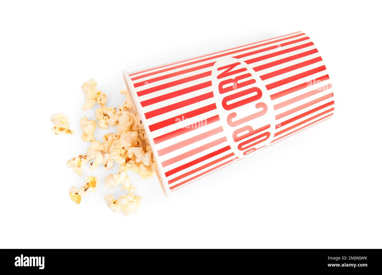 Bucket of tasty pop corn isolated on white, top view Stock Photo - Alamy