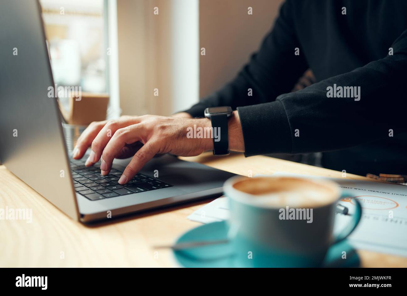 Writing, laptop and hands in coffee shop for Phd research, online ...