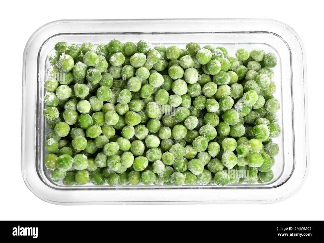 Frozen peas in plastic container isolated on white, top view. Vegetable ...