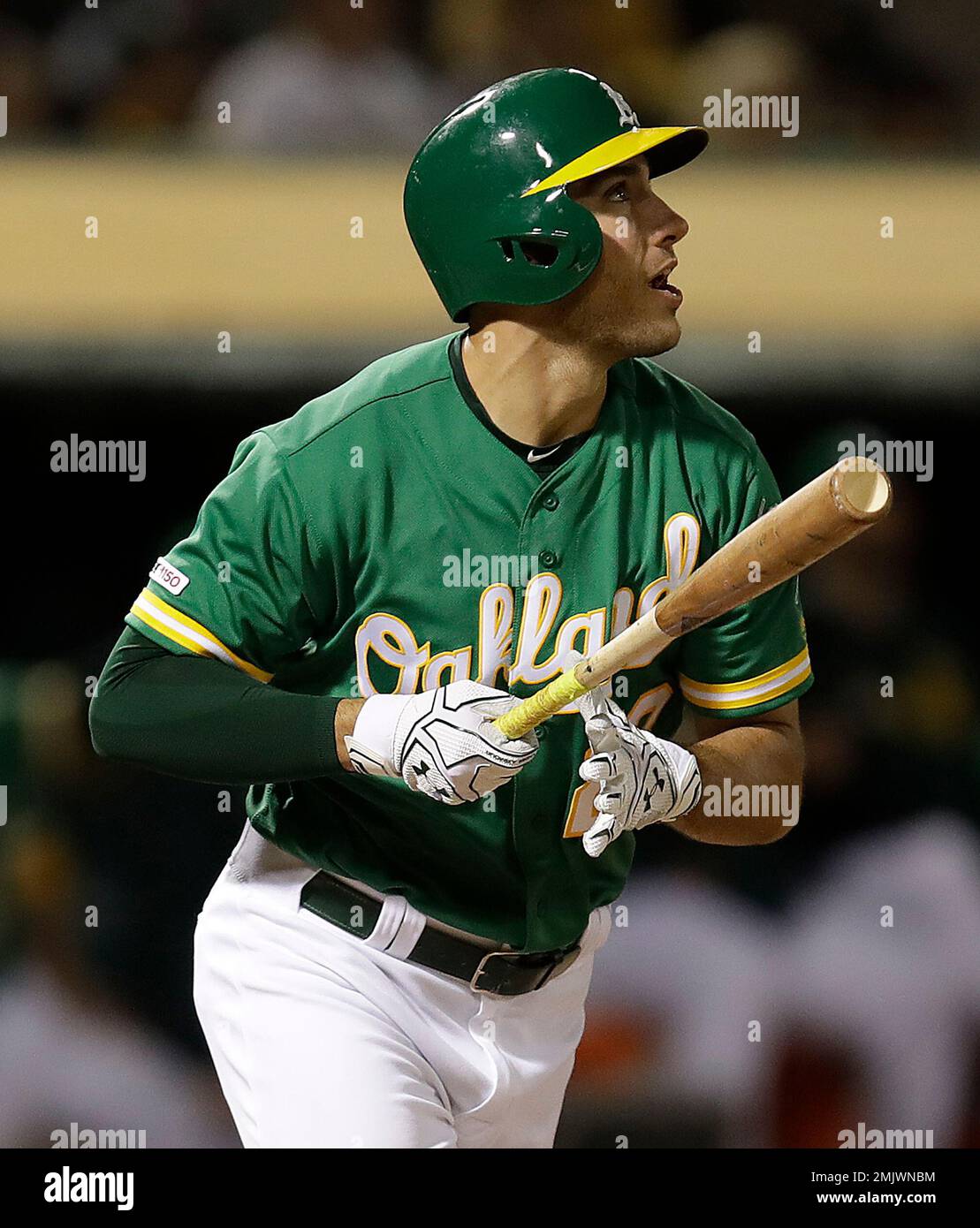 Oakland Athletics' Matt Olson watches his three-run home run off ...