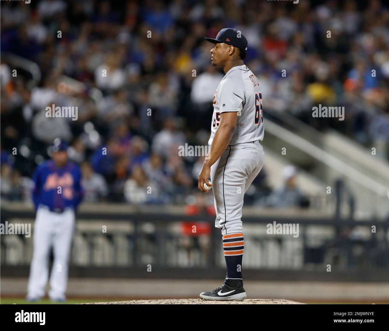 Detroit Tigers starting pitcher Gregory Soto, foreground, reacts as ...