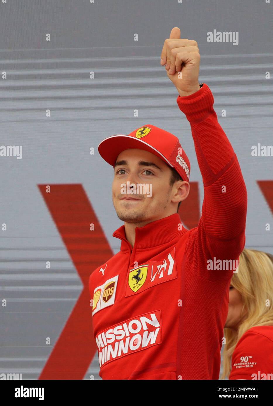 Ferrari driver Charles Leclerc of Monaco thumbs up to supporters during ...
