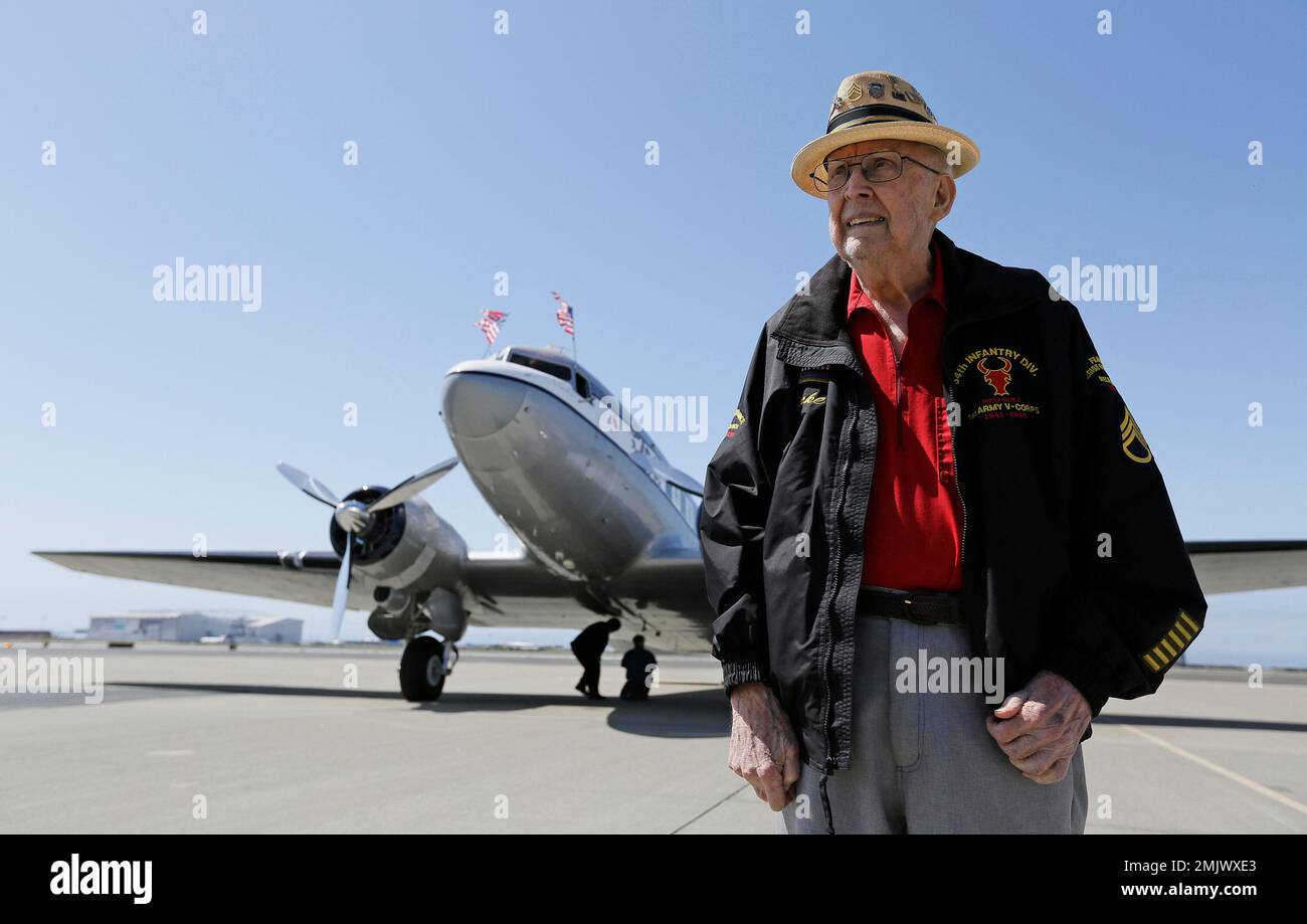 In this photo taken April 29, 2019, D-Day veteran Jake Larson poses ...