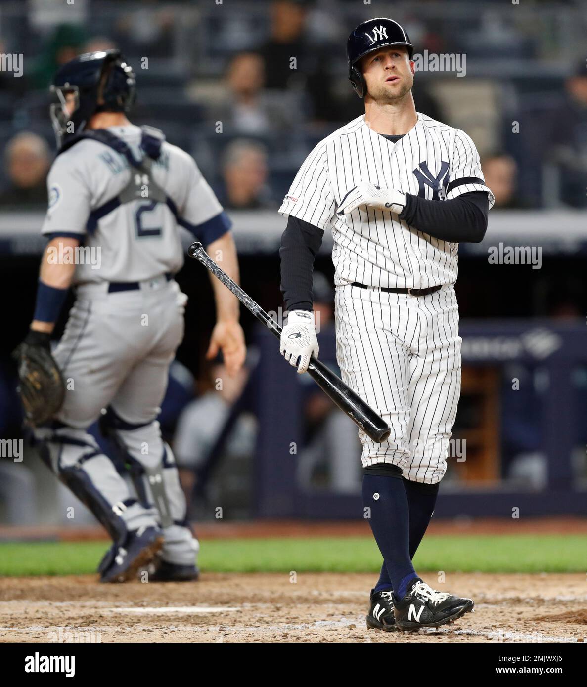 New York Yankees batter Brett Gardner steps away from the plate after ...