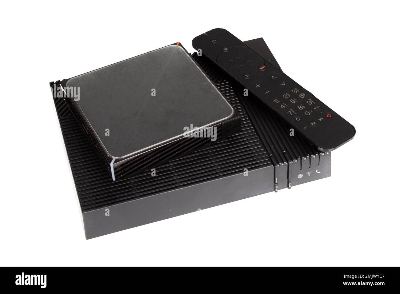 Multimedia TV box receiver player and remote controller Stock Photo - Alamy