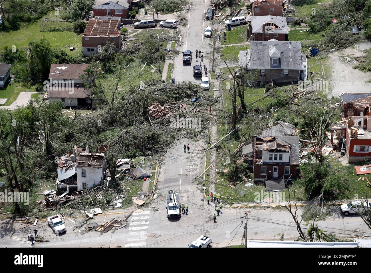 This aerial image shows severe storm damage in Jefferson City, Mo ...