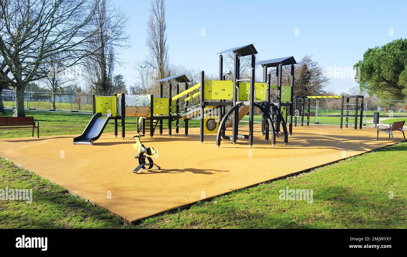 children yellow playground activities in public green park modern Stock ...
