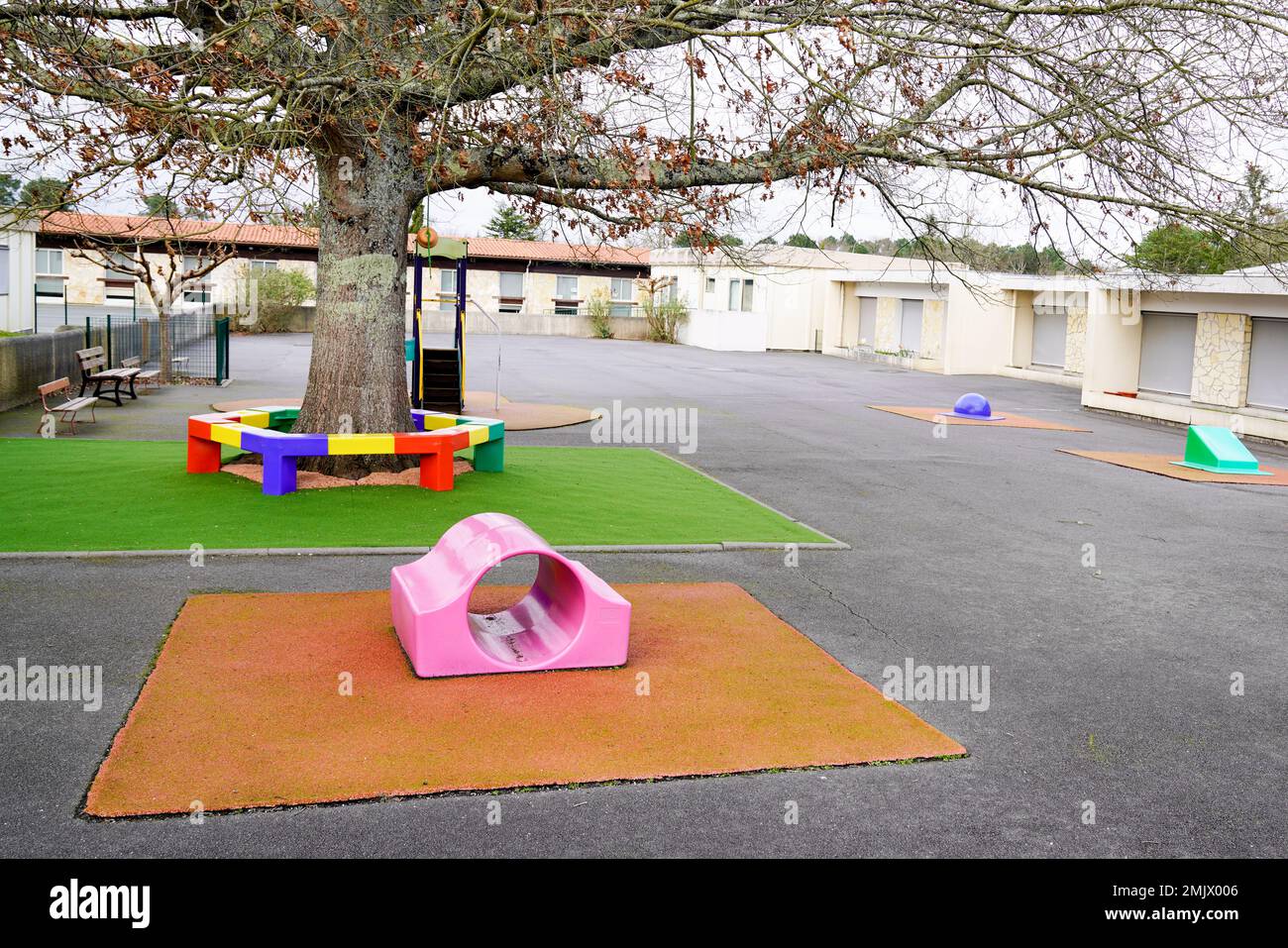 Preschool building schoolyards children exterior with kids playground ...