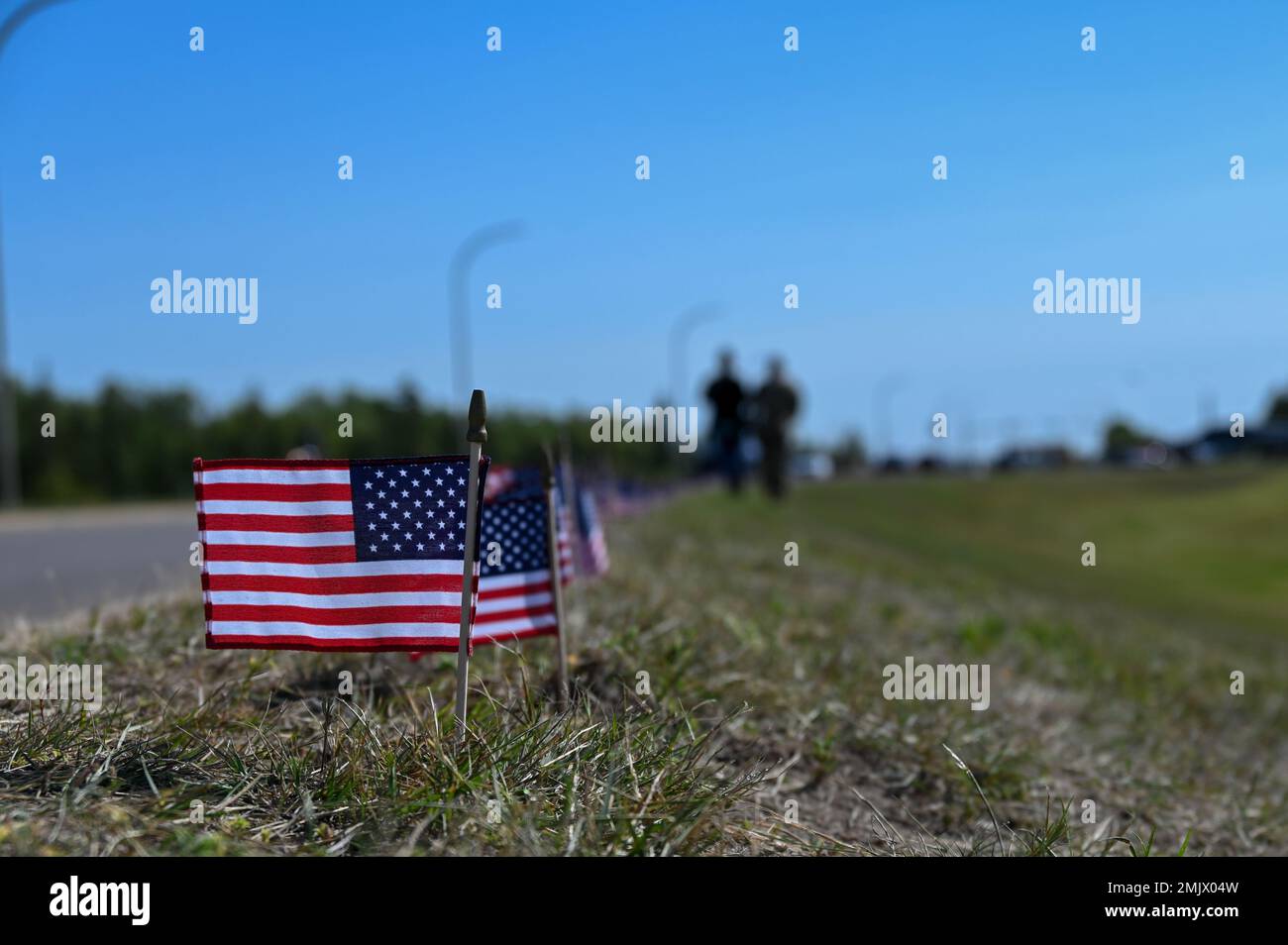 A line of flags is placed in remembrance of each member of the ...
