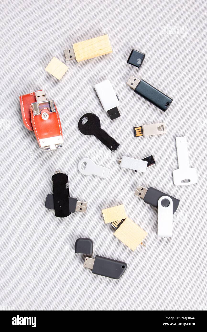 ot of USB flash drive many keys in different color in steel wood and ...