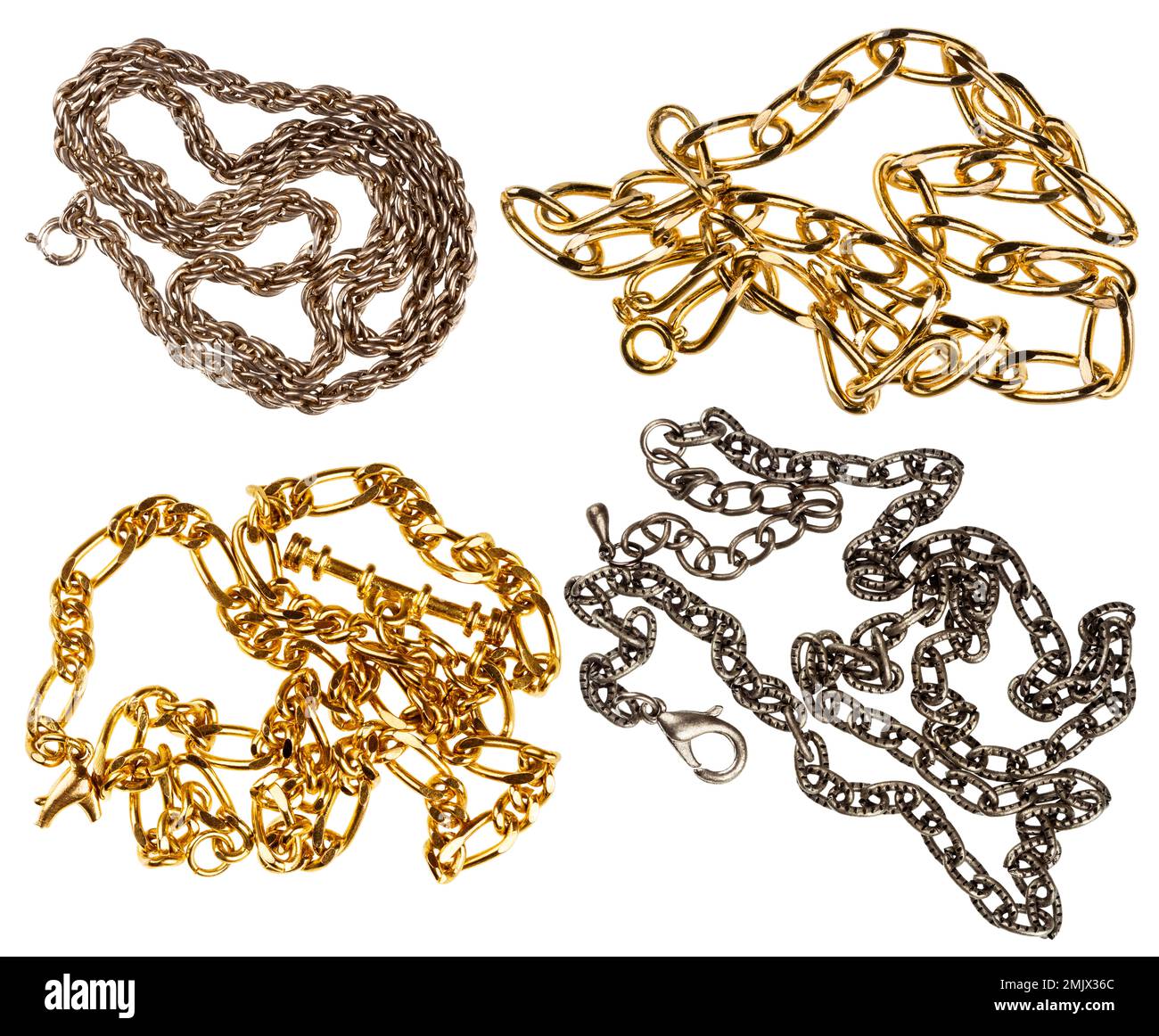 Set of various jewelry chains isolated on white background, each one ...