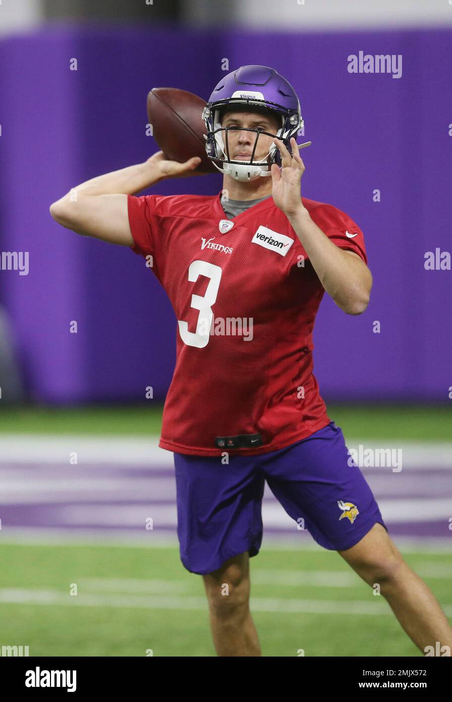 Minnesota Vikings quarterback Jake Browning passes during workouts ...