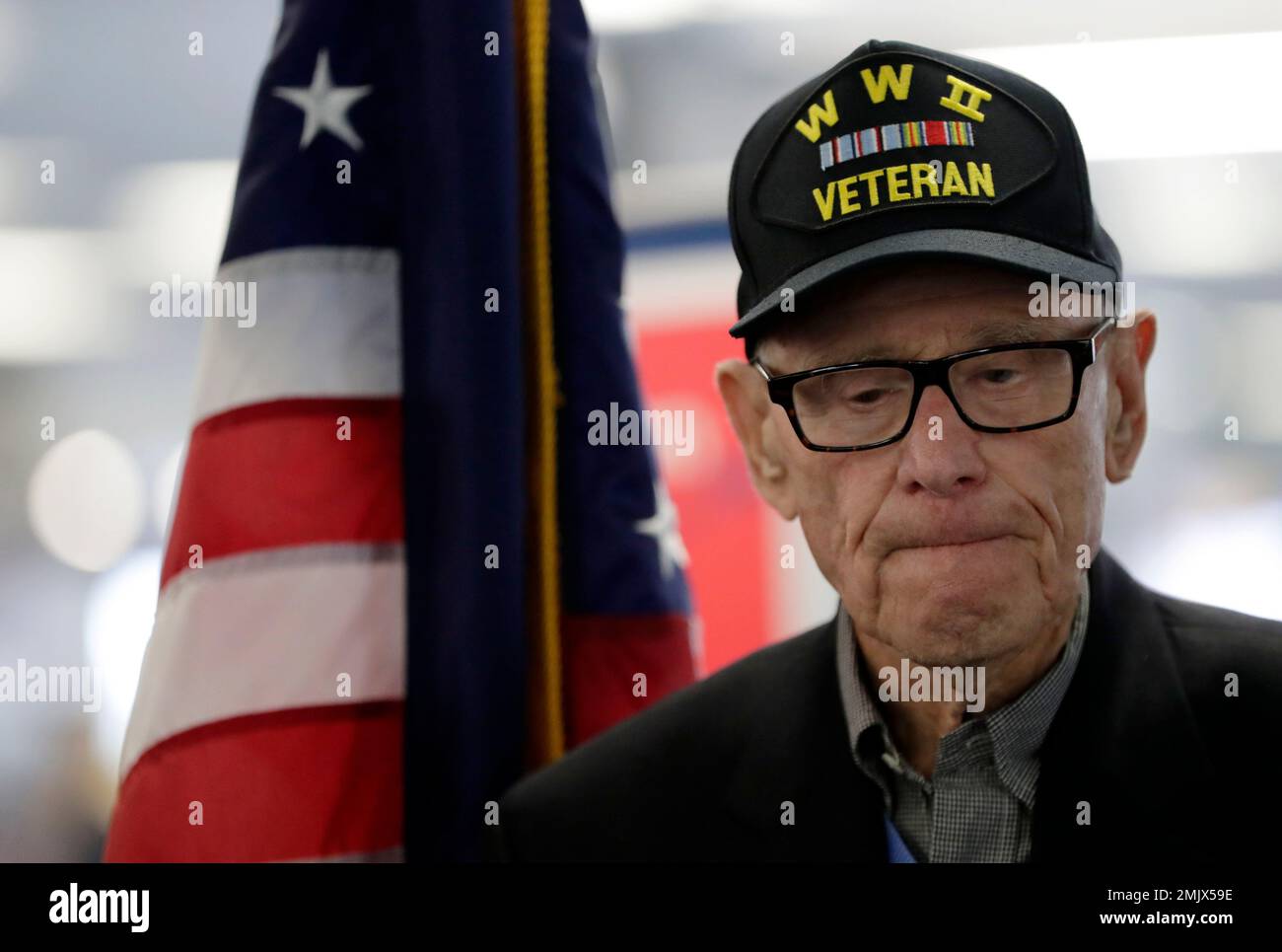 WWll veteran Sydney Levit, 94, of Aventura, Fla., listens during a ...
