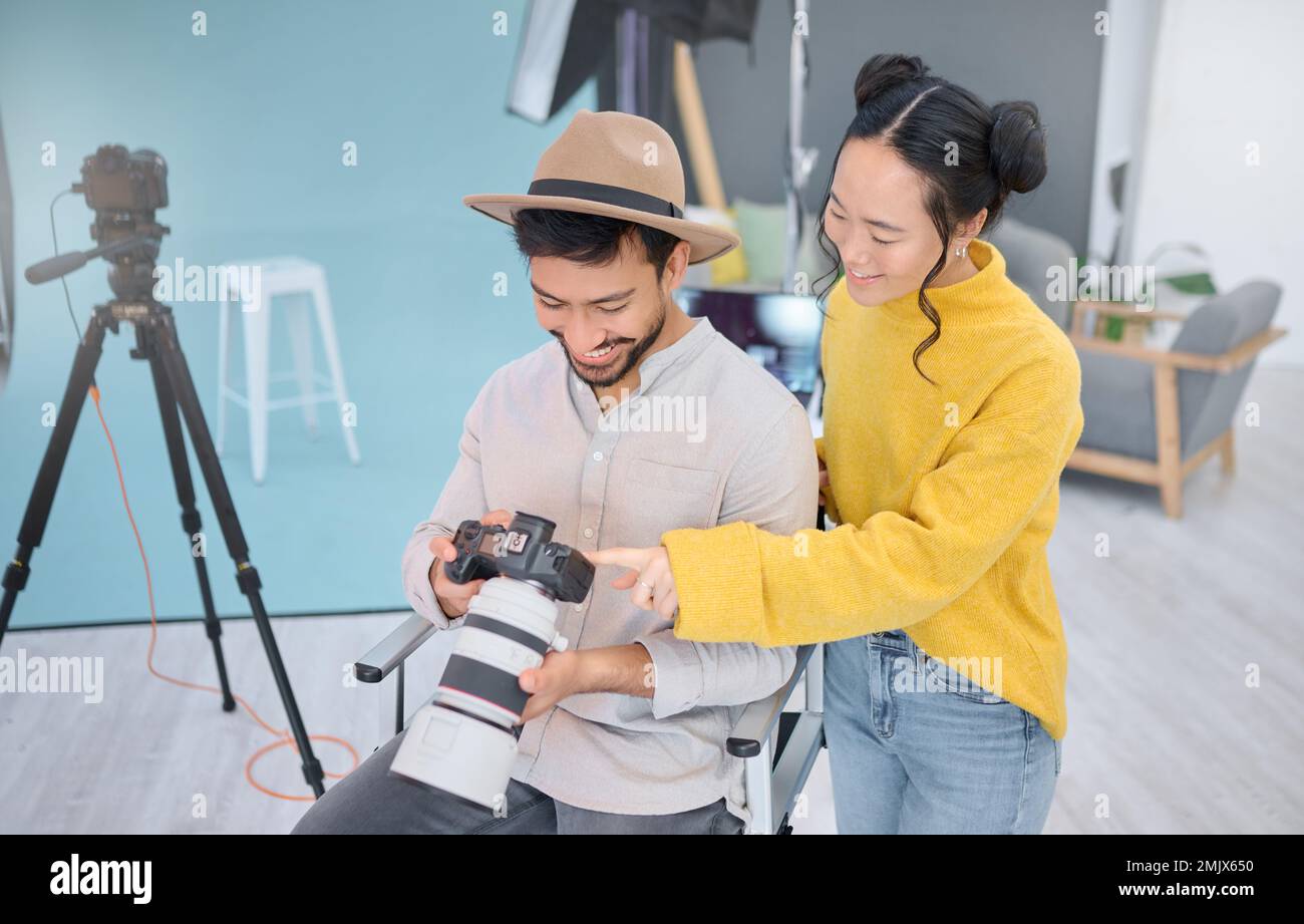 Photography, photographer and model in discussion with a camera ...