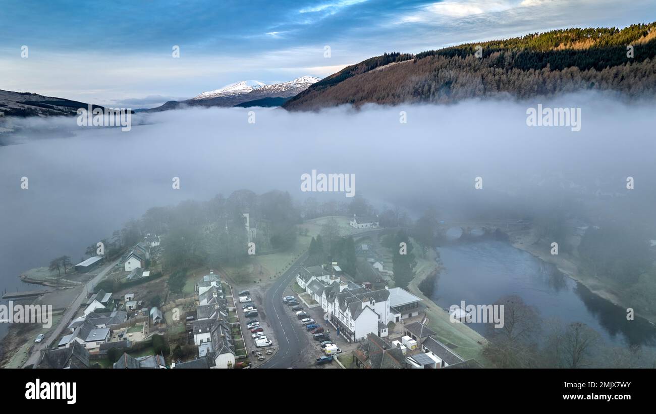 Aerial view of Kenmore village on Loch Tay with Kenmore Bridge (1774 ...