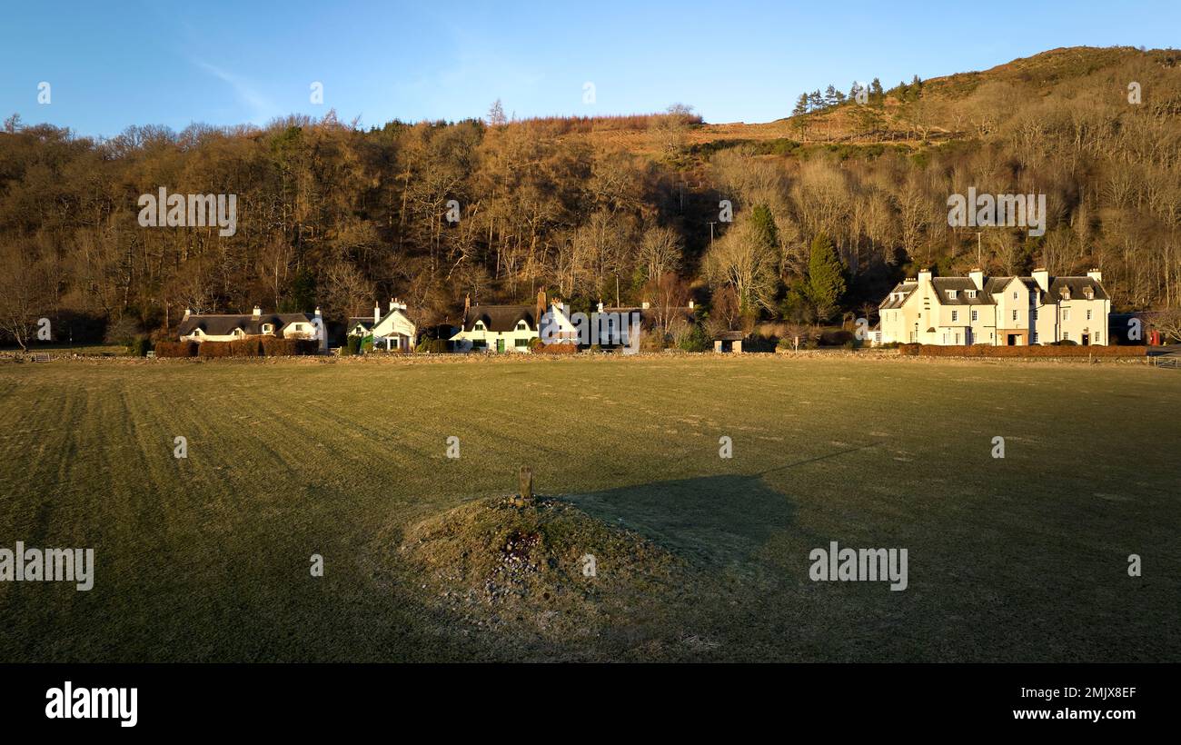 Aerial view of the village of Fortingall in low winter sun showing the ...