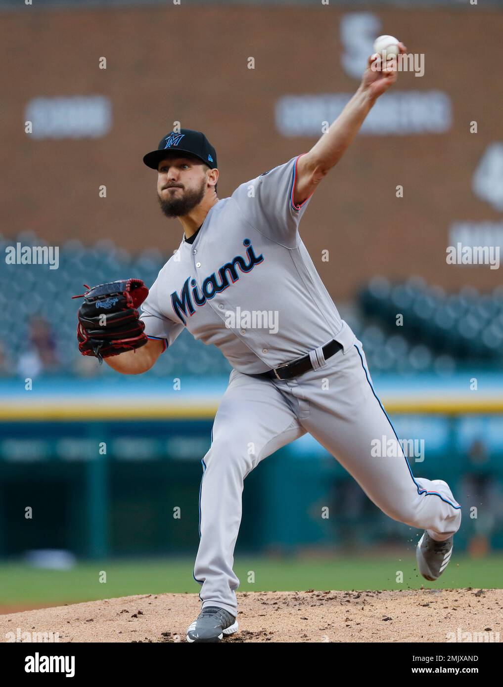 Miami Marlins pitcher Caleb Smith throws to a Detroit Tigers batter ...