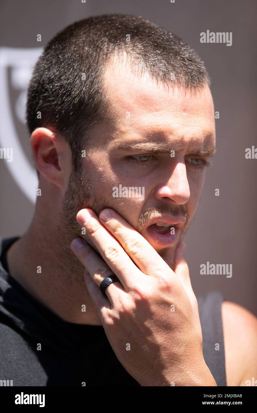 Oakland Raiders quarterback Derek Carr speaks to the media at a press ...