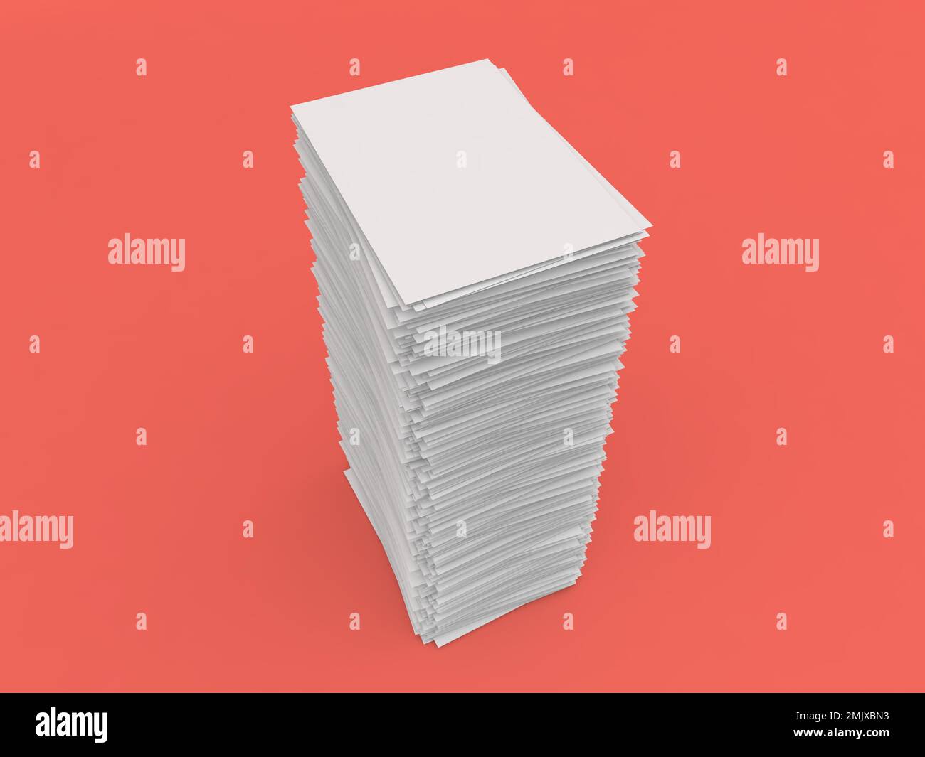 A large stack of A4 paper on a red background. 3d render illustration ...