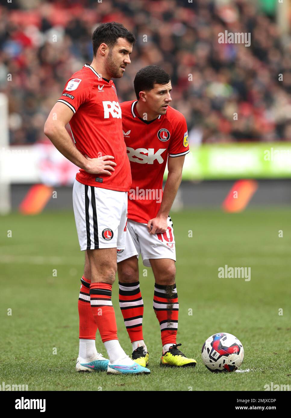 Charlton Athletic's Scott Fraser (left) and Albie Morgan in discussion ...